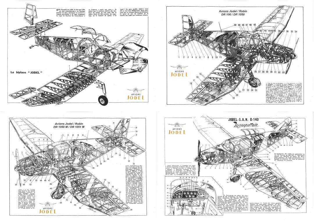 4 SETS DESSINS ECORCHES SERIE 1 AVIONS JODEL - Avions Jodel